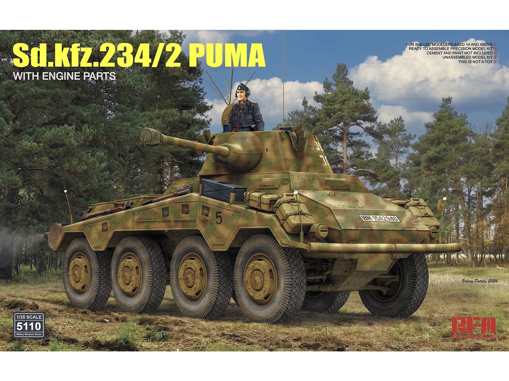 Rye Field RFM-5110 Sd.Kfz.234/2 PUMA šarvuotis su variklio detalėmis 1/ ...